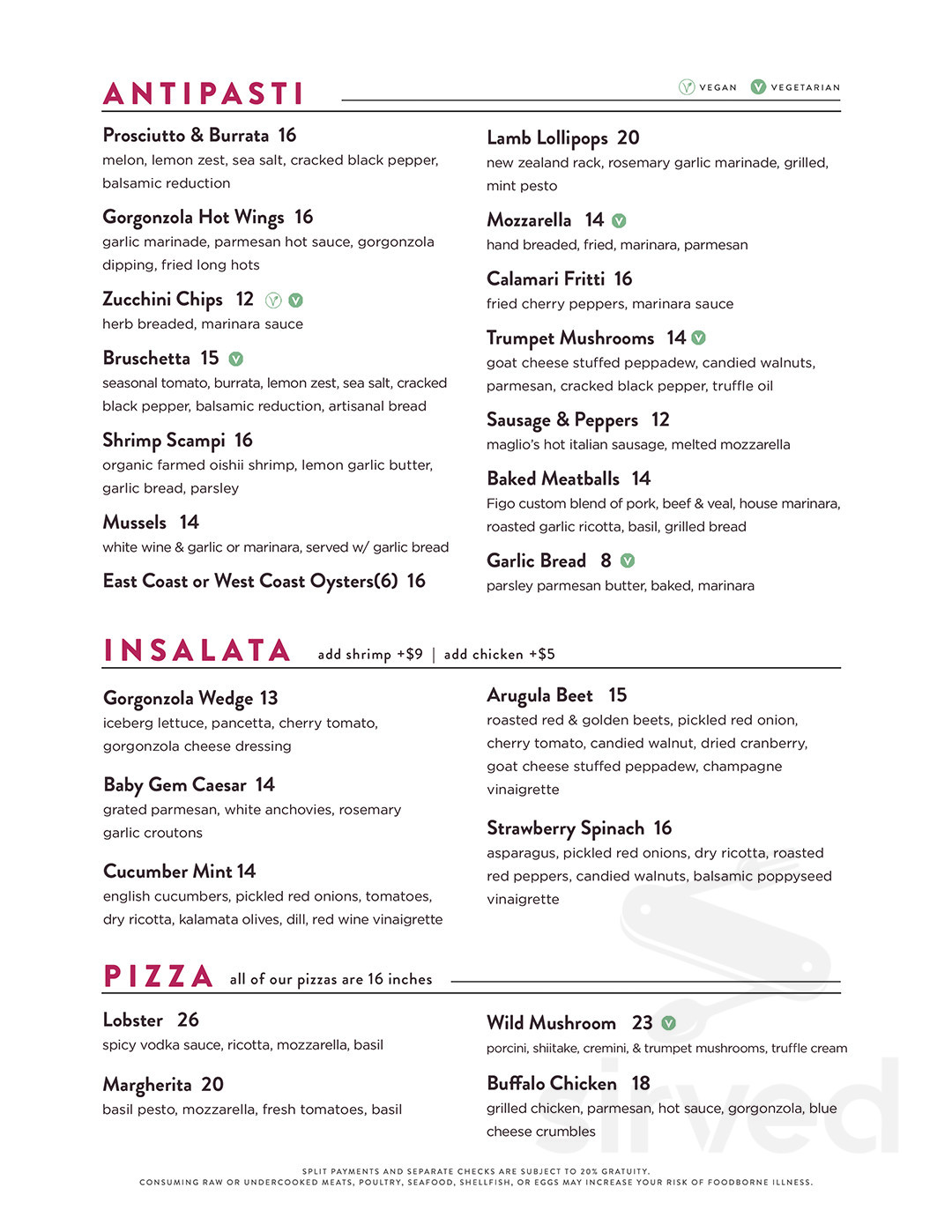 Figo menu in Philadelphia, Pennsylvania, USA