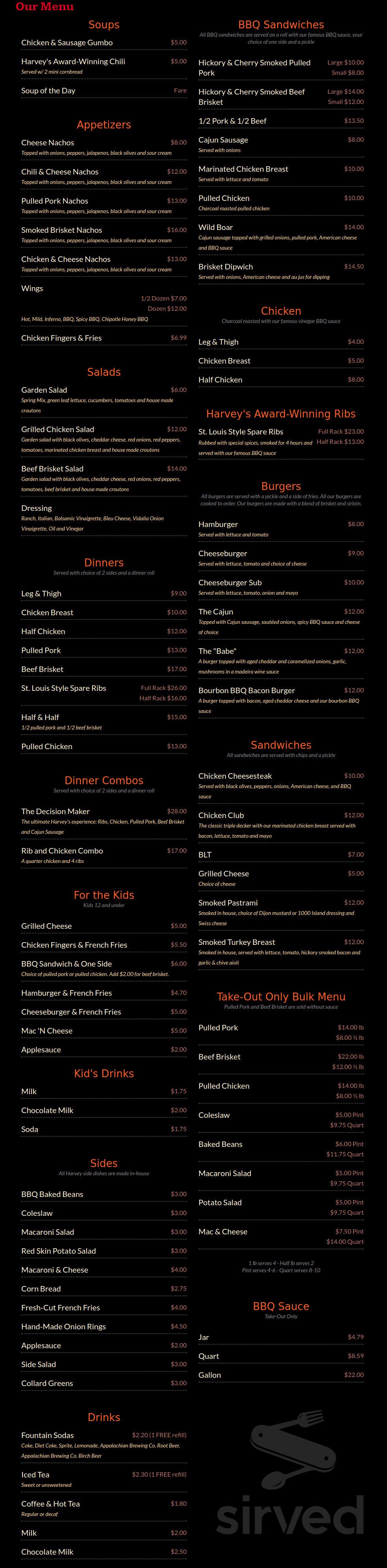 Harvey's Main Street BBQ menu in Mount Joy, Pennsylvania, USA