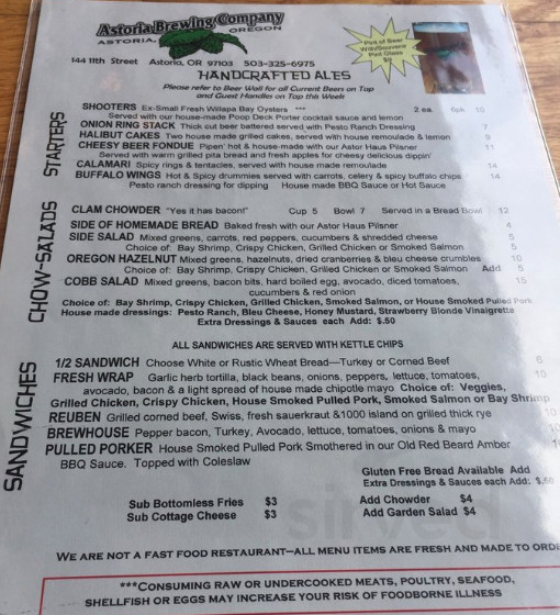 Menu for Astoria Brewing Company in Astoria, OR | Sirved