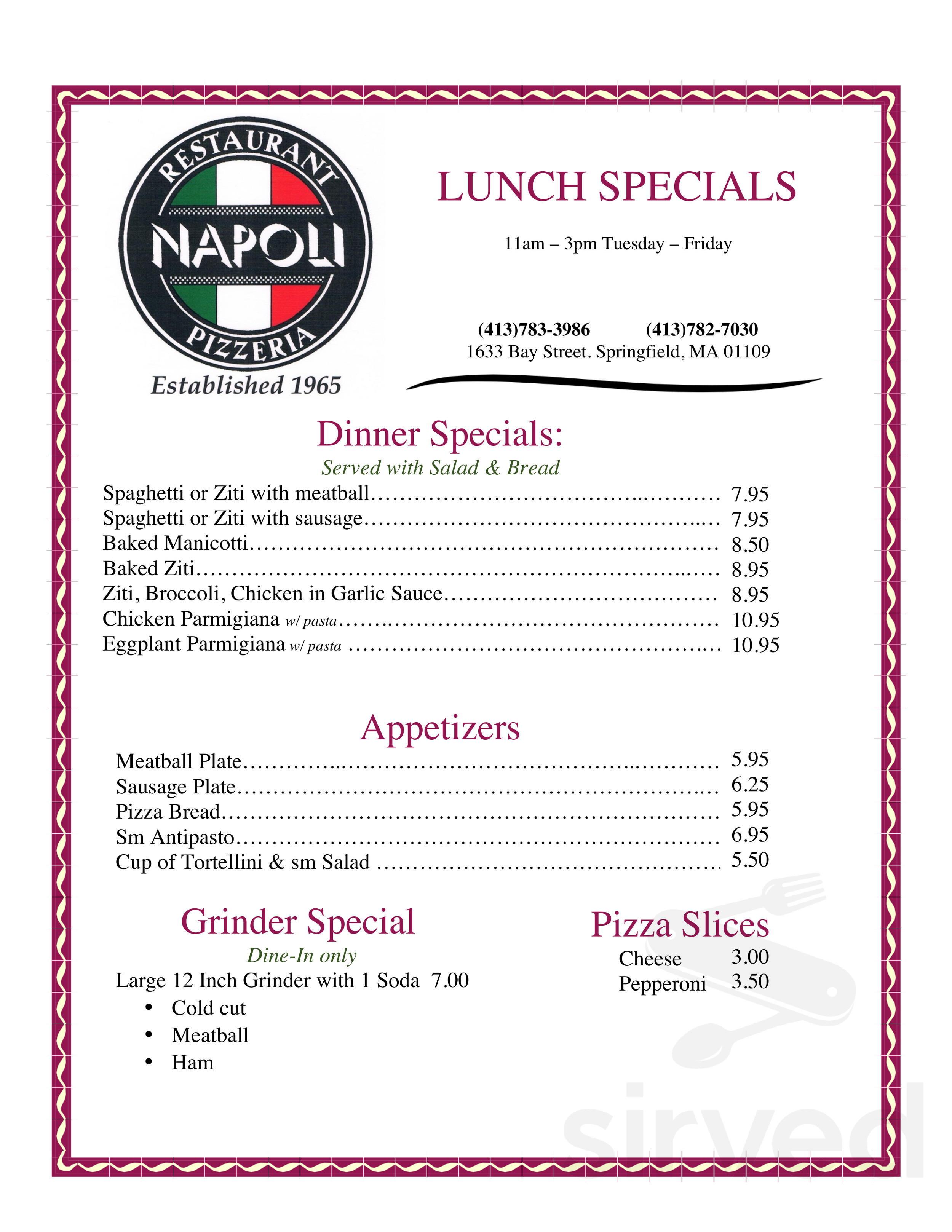 Napoli Restaurant & Pizzeria menu in Springfield, Massachusetts, USA