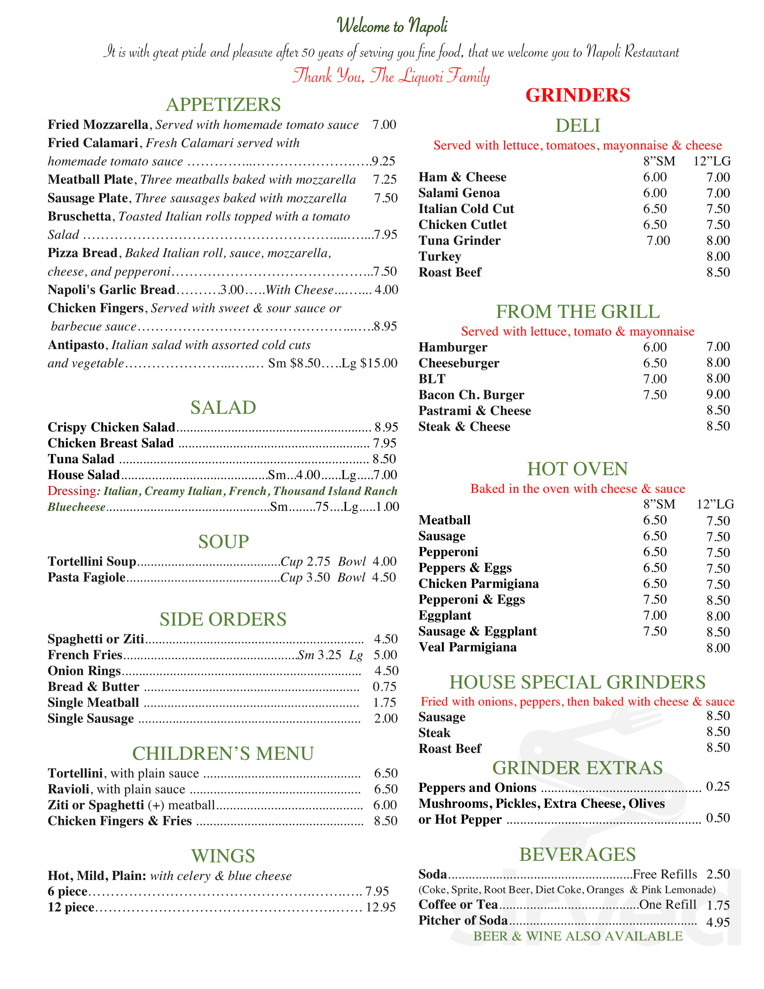 Napoli Restaurant & Pizzeria menu in Springfield, Massachusetts, USA