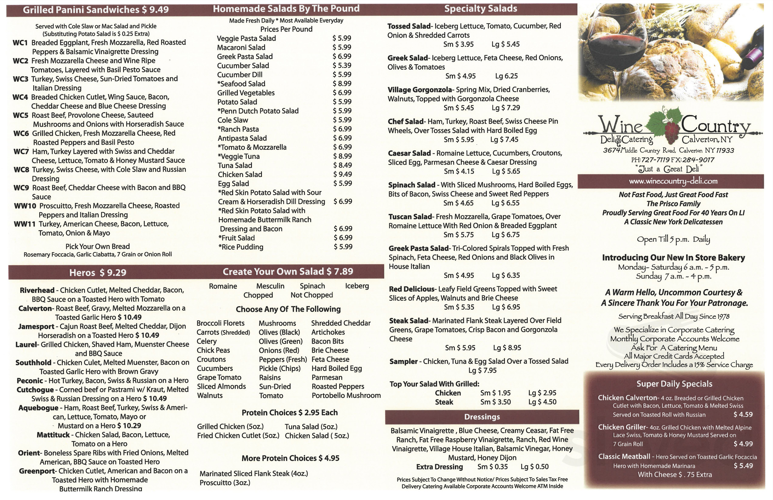 Wine Country Deli & Catering menu in Calverton, New York, USA