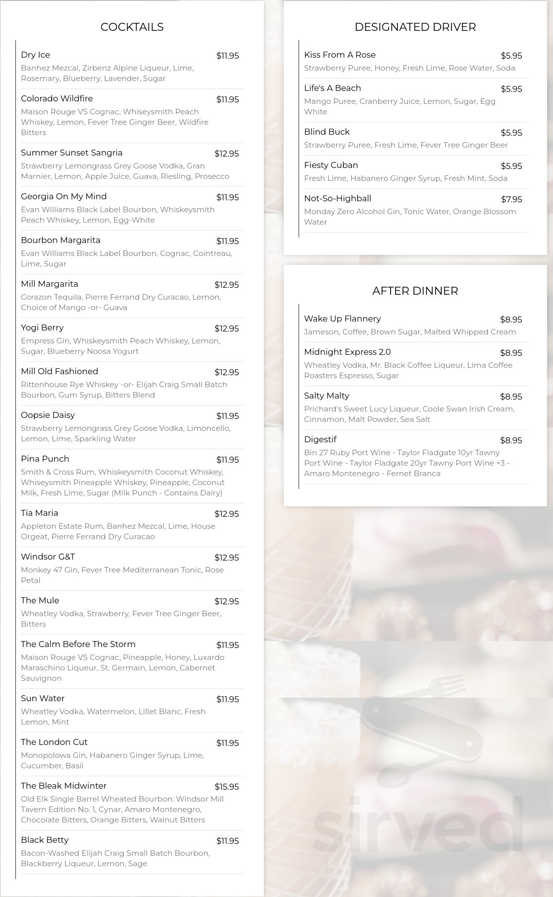 Menu for Windsor Mill Tavern in Windsor, CO | Sirved