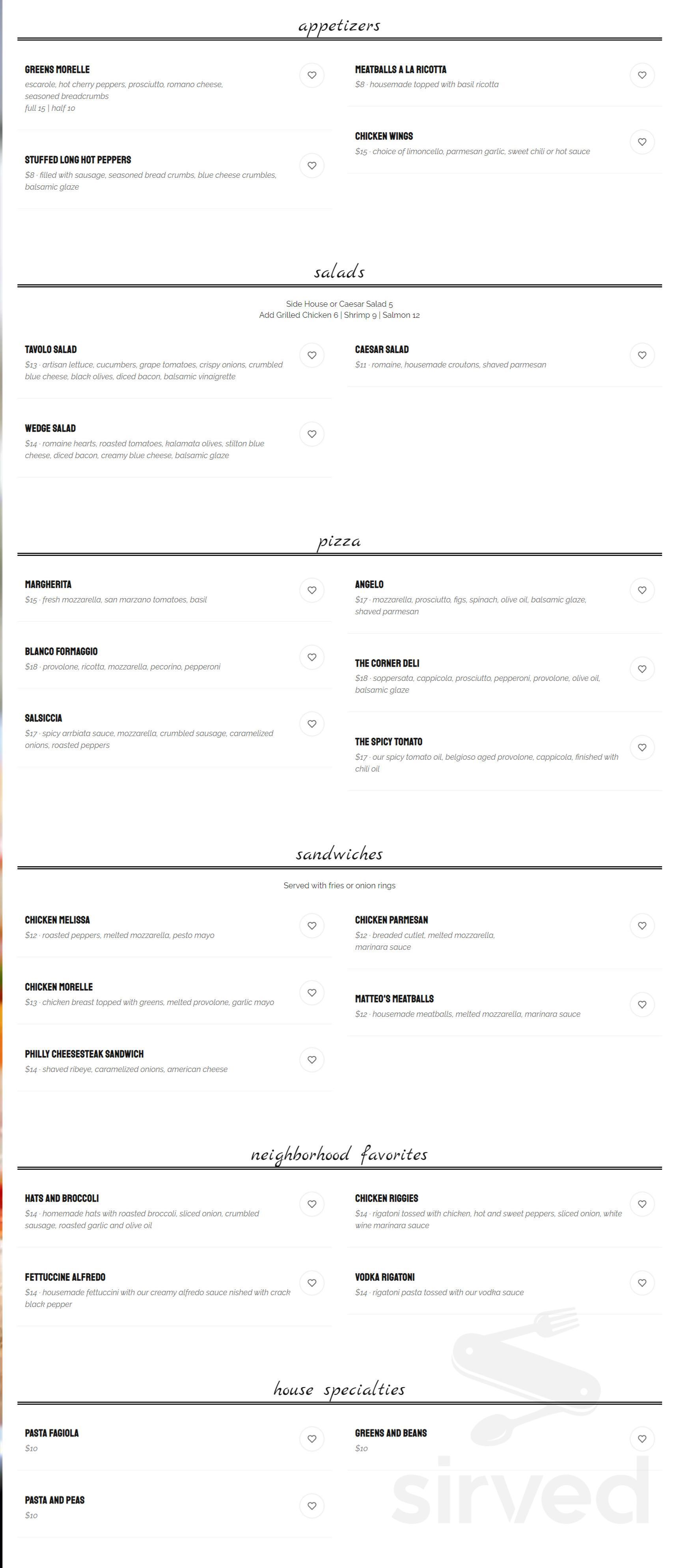 Chesterfield's Tavolo menu in Utica, New York, USA