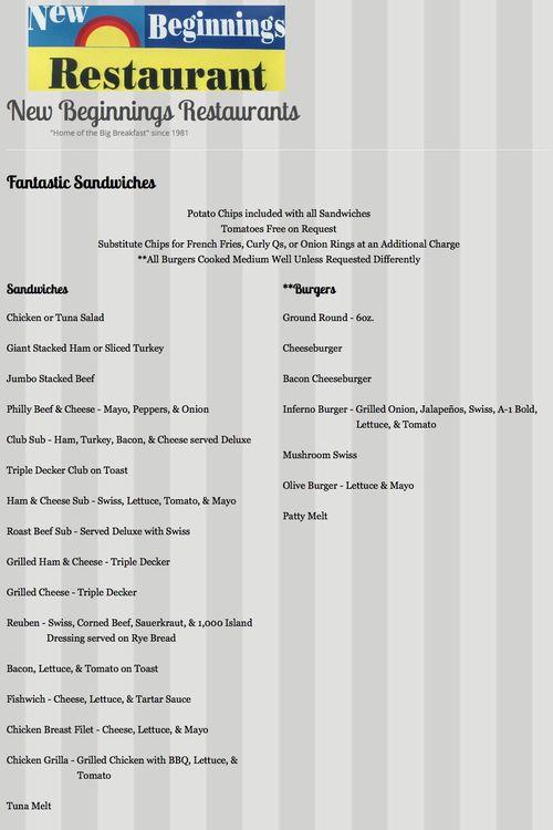New Beginnings Restaurant menu in Grand Rapids, Michigan, USA