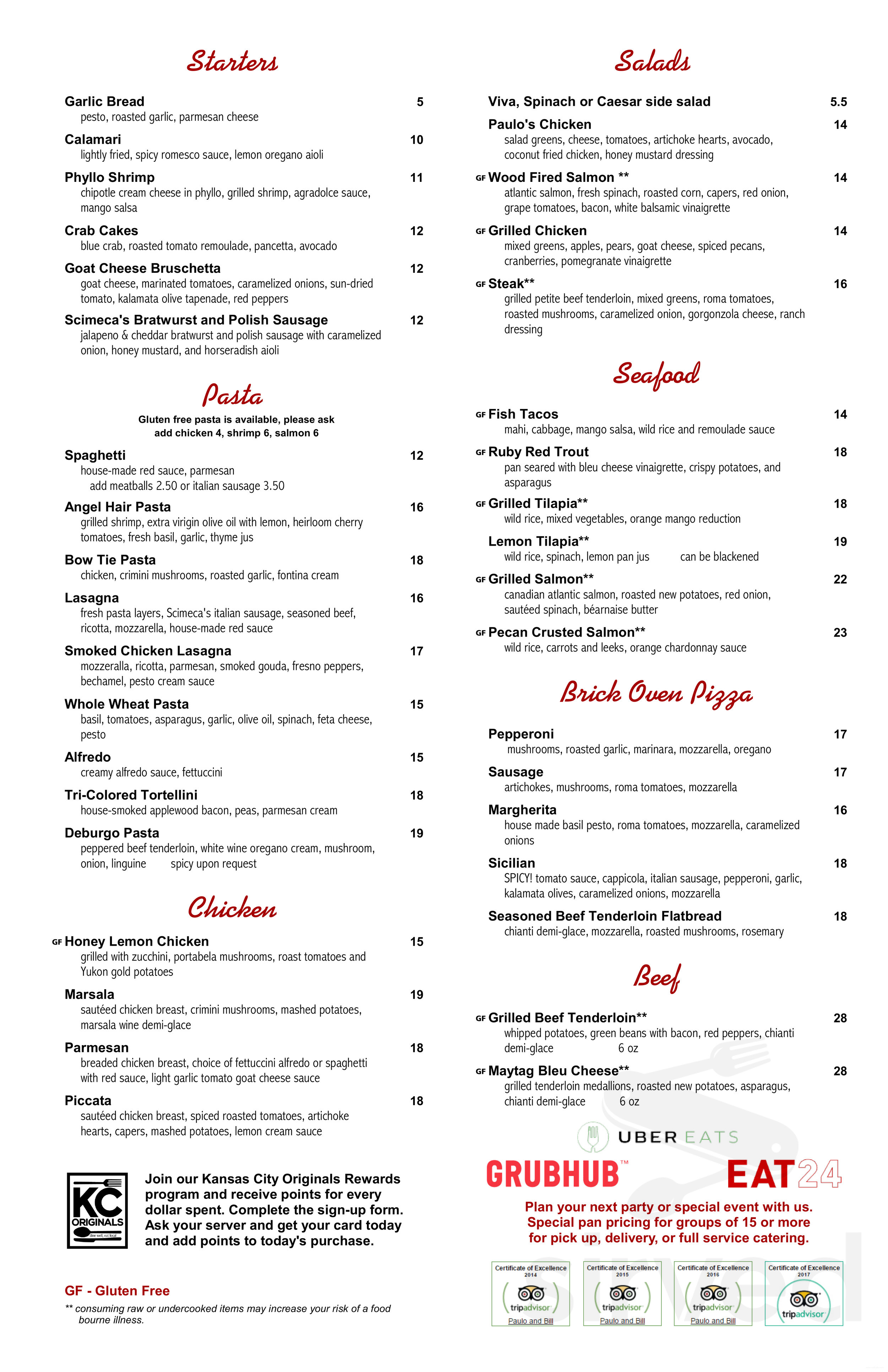 Paulo and Bill Restaurant menu in Shawnee, Kansas, USA