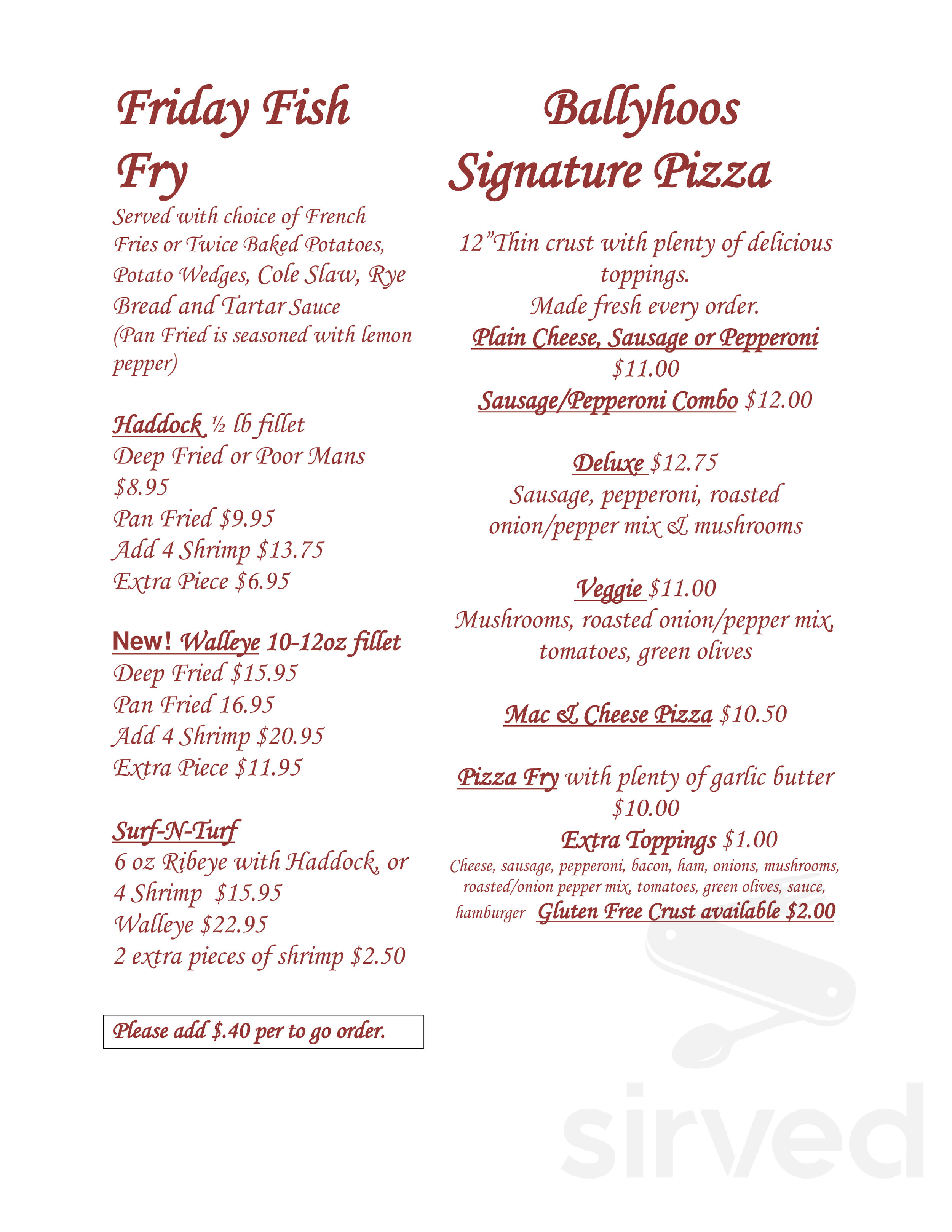 Ballyhoos menu in Merrill, Wisconsin, USA