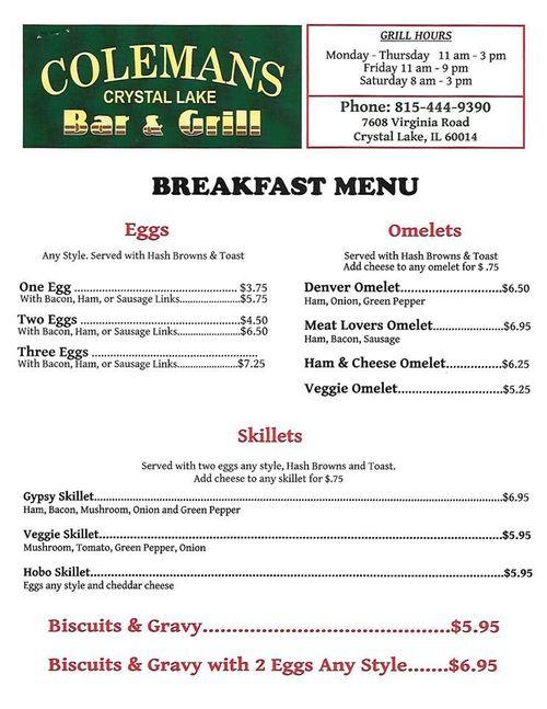 Coleman's Crystal Lake Bar menu in Crystal Lake, Illinois, USA