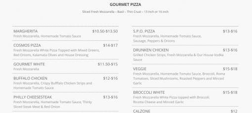 Menu for Cosmos Restaurant and Bar in Fairless Hills, PA | Sirved