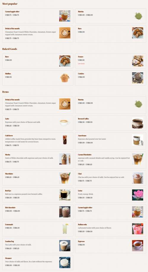 Sharla's Coffee Stop menu in Milton, Wisconsin, USA