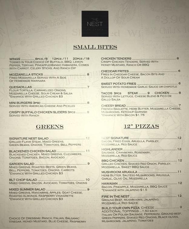 The Nest Bar & Eatery menu in Chicago, Illinois, USA