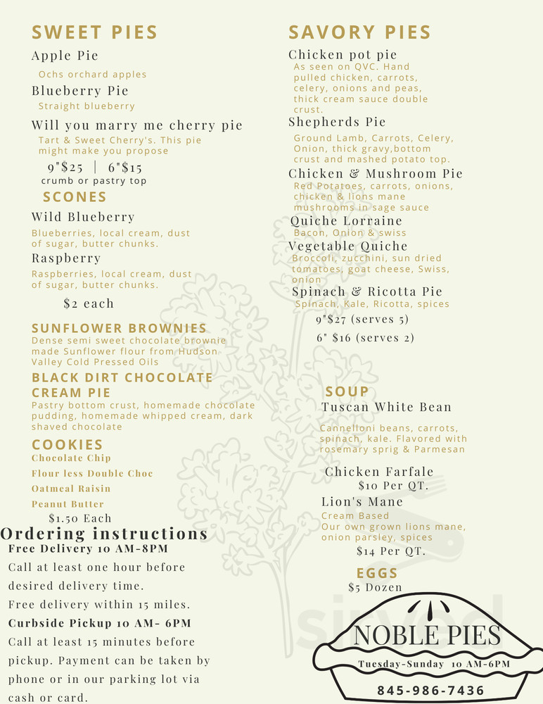 Noble Pies Bakery and Cafe menu in Warwick, New York, USA