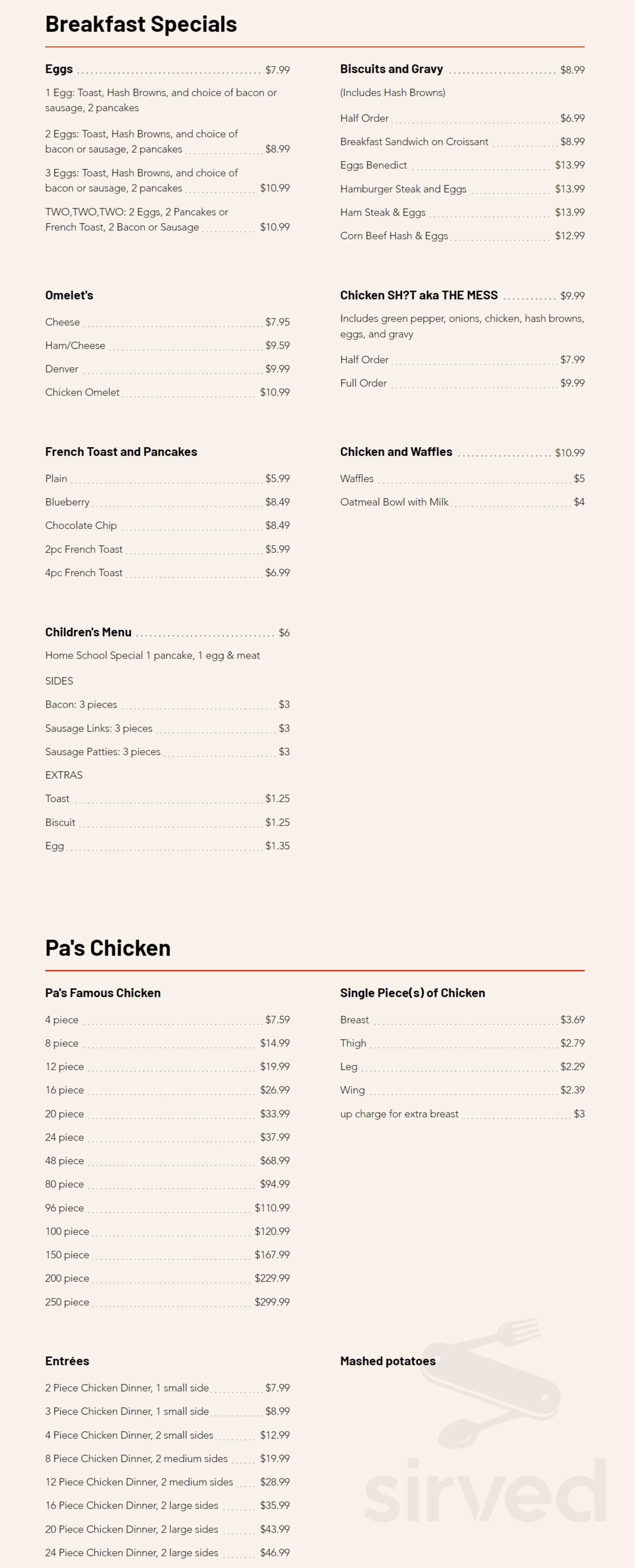 Menu for Pa’ s Chicken Coupe in Westville, IN | Sirved