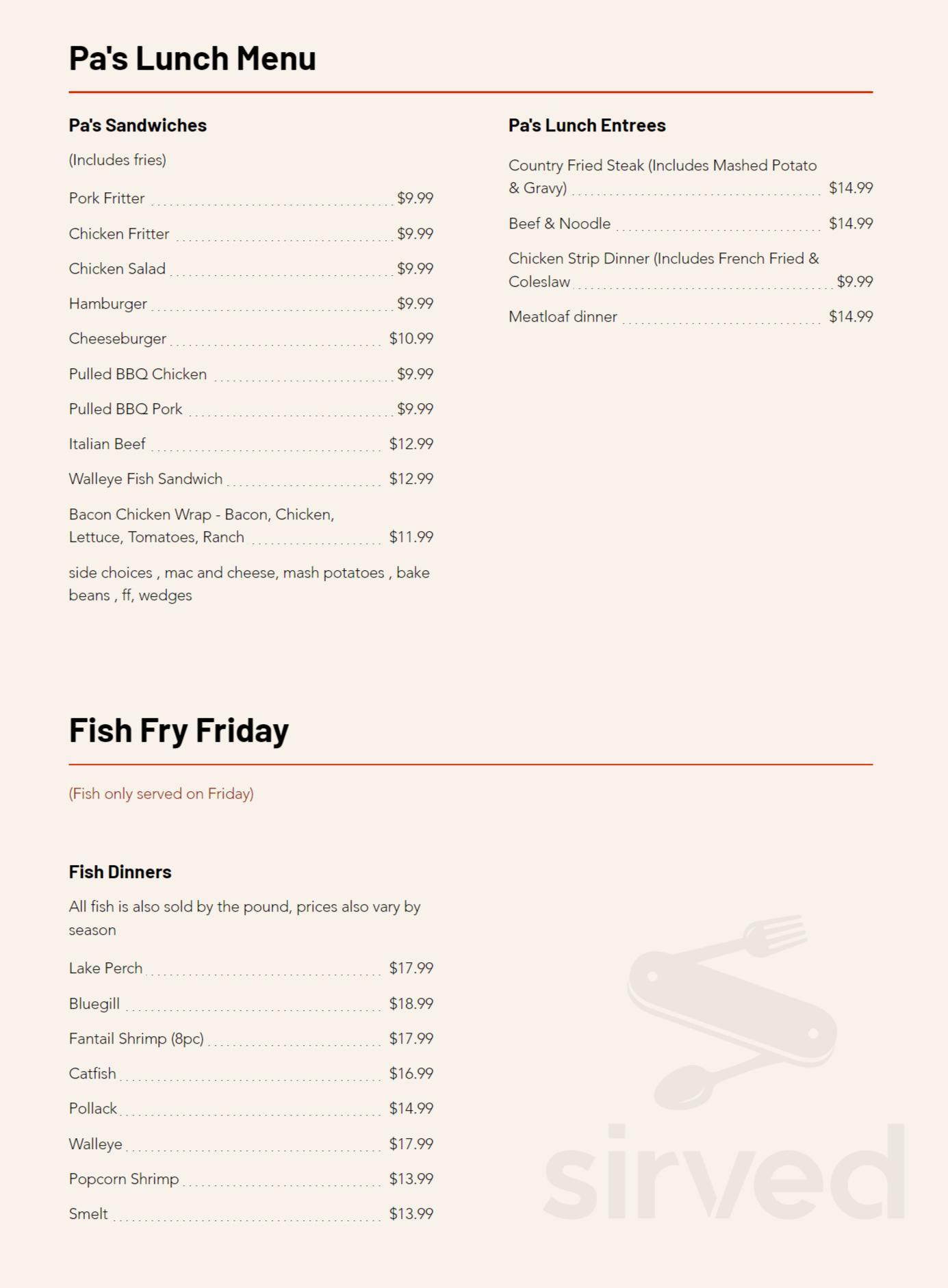 Pa' s Chicken Coupe menu in Westville, Indiana, USA