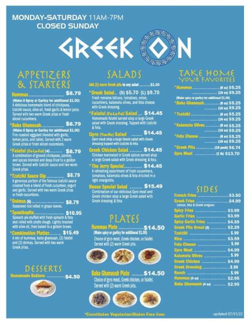 Greek On menu in Prescott, Arizona, USA
