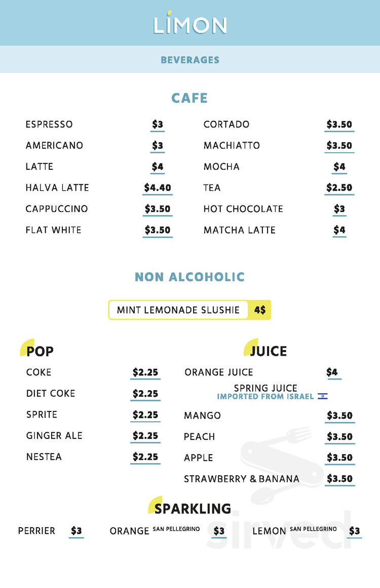 Limon menu in Toronto, Ontario, Canada