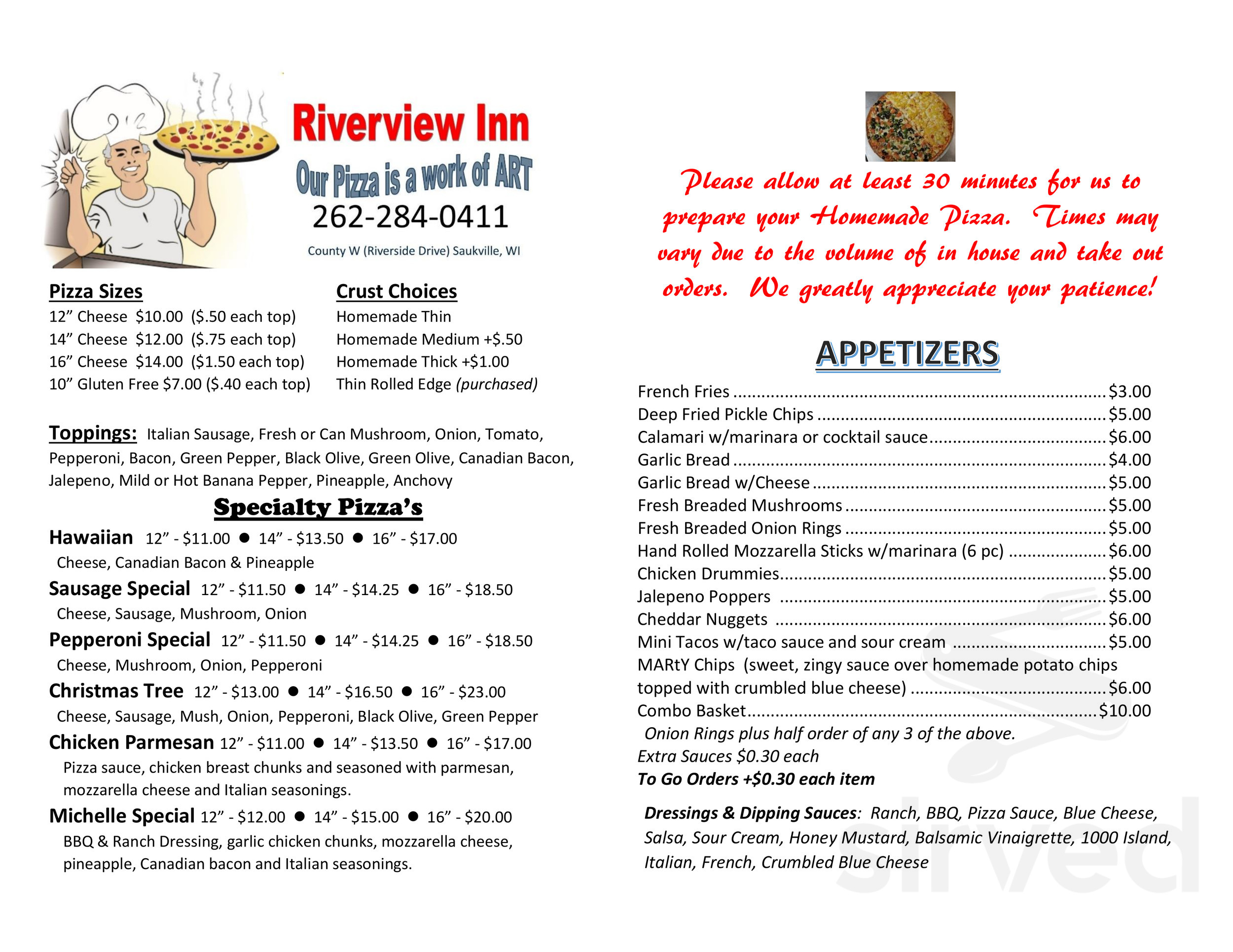 Riverview Inn menu in Saukville, Wisconsin, USA