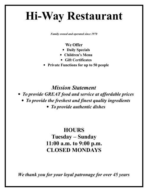 Hi-Way Restaurant menu in Simcoe, Ontario, Canada