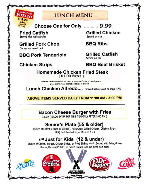 Chopping Block Steakhouse menu in Mena, Arkansas, USA