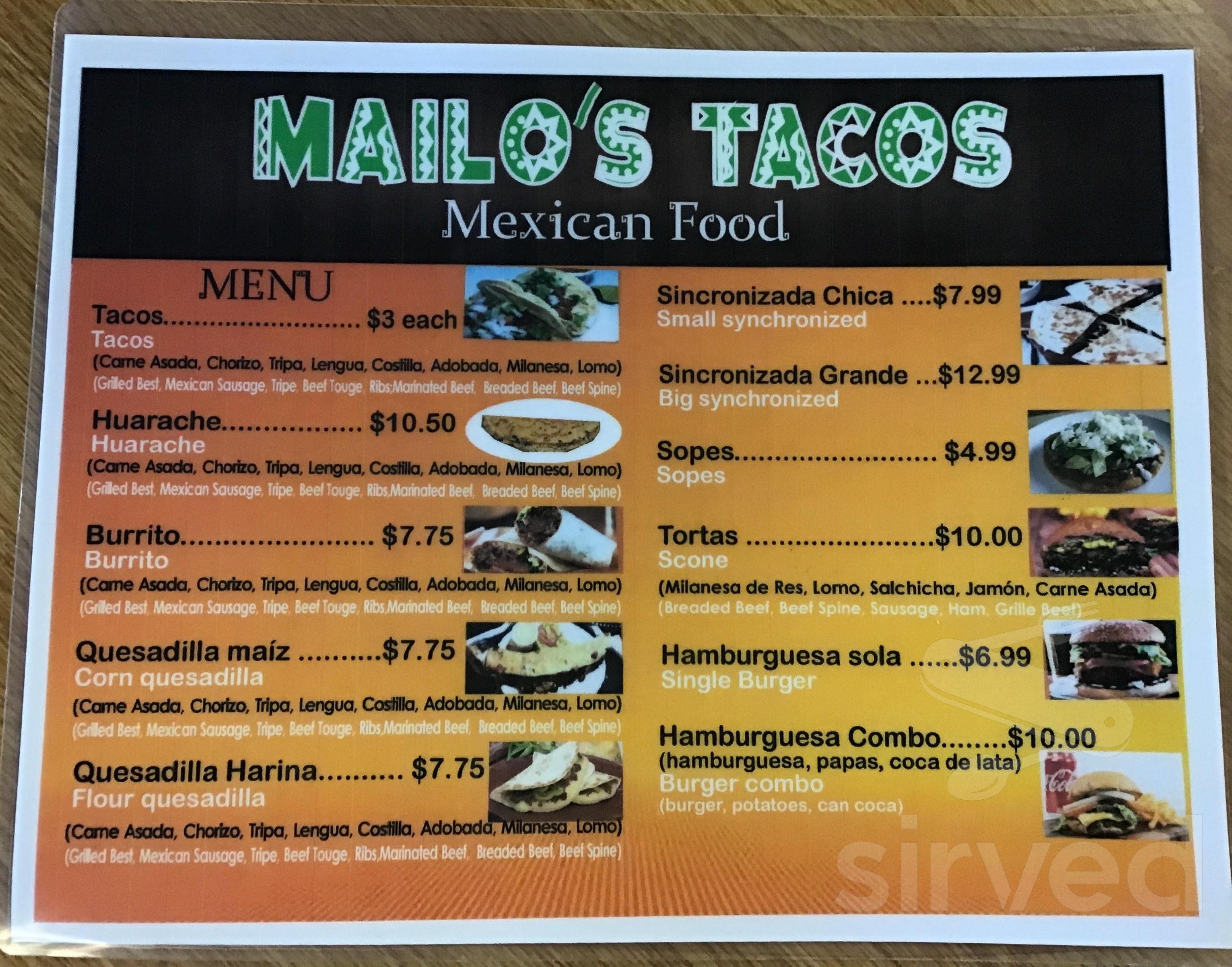 Mailos Tacos menu in Loudon, Tennessee, USA