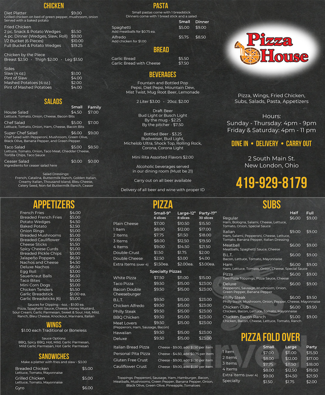 Newlondon Pizza House menu in New London, Ohio, USA