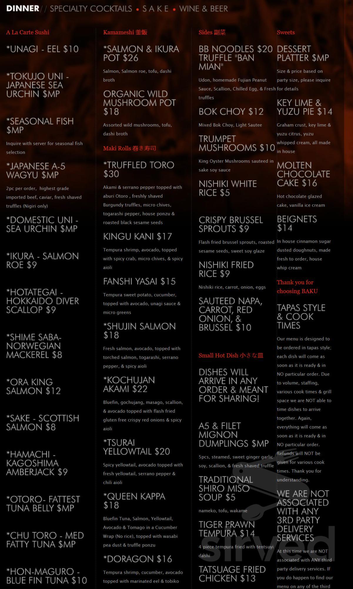 Menu for BAKU in Charlotte, North Carolina, United States