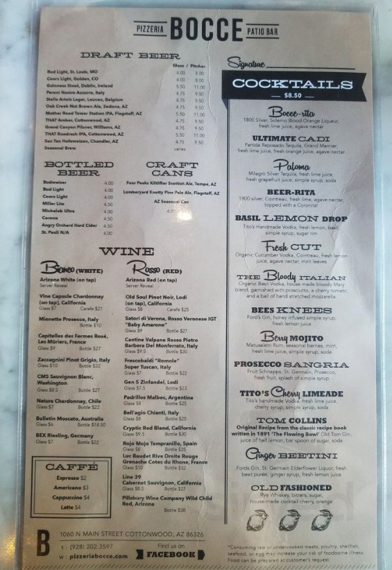 Pizzeria Bocce menu in Cottonwood, Arizona, USA