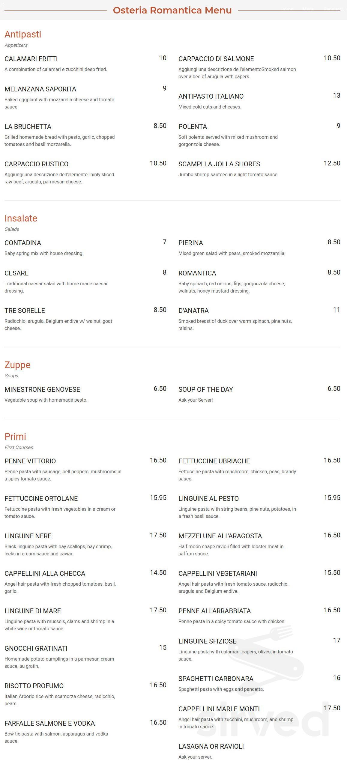 Osteria Romantica menu in La Jolla, California, USA