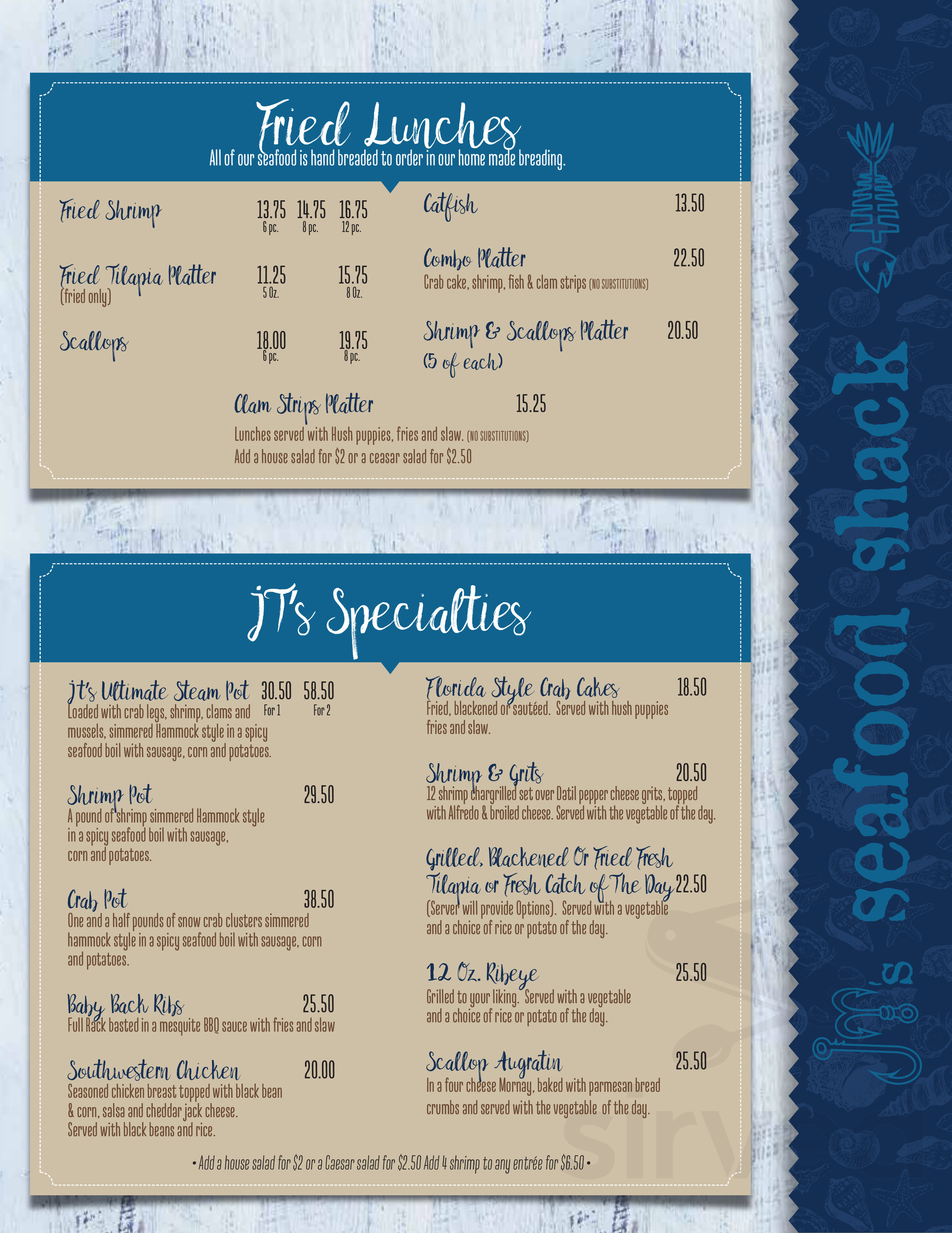 JT's Seafood Shack menu in Palm Coast, Florida, USA