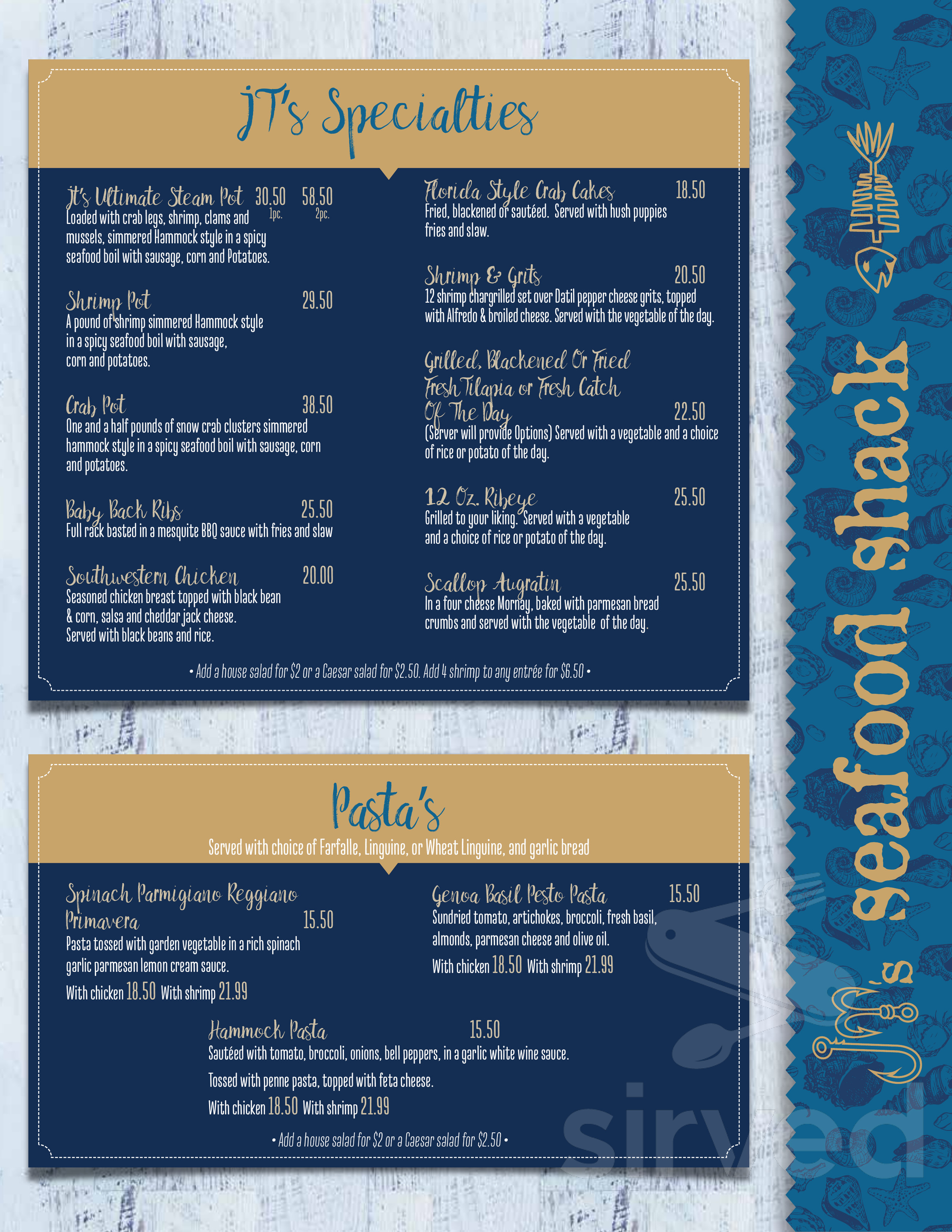 JT's Seafood Shack menu in Palm Coast, Florida, USA