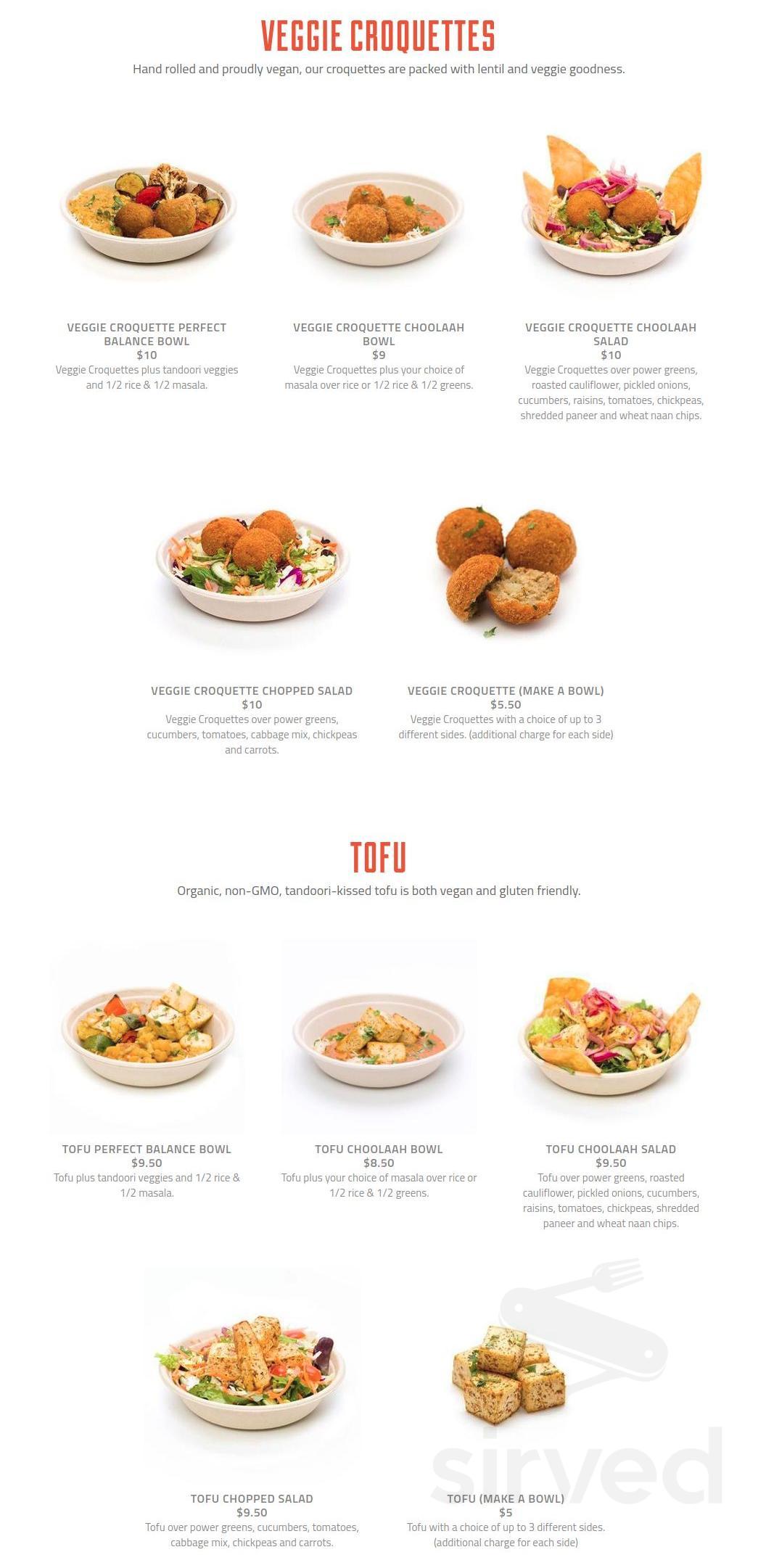 Choolaah menu in Cleveland, Ohio, USA