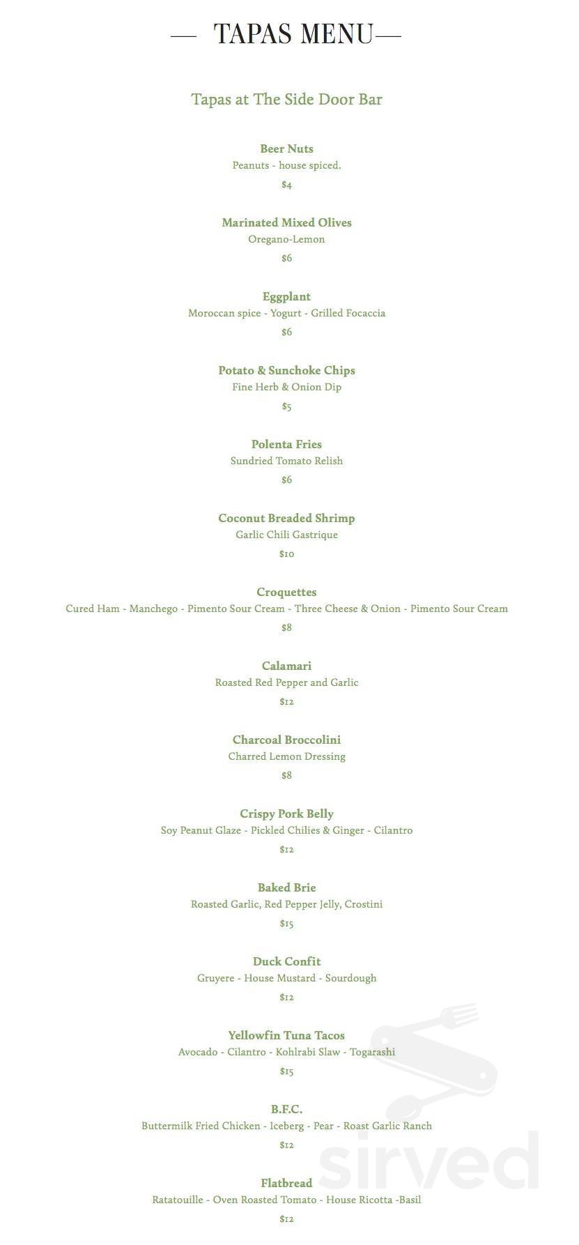 Michael & Marion's and The Side Door menu in Barrie, Ontario, Canada