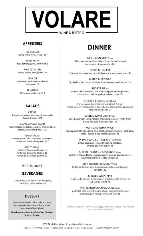 Volare Wine & Bistro menu in Hapeville, Georgia, USA