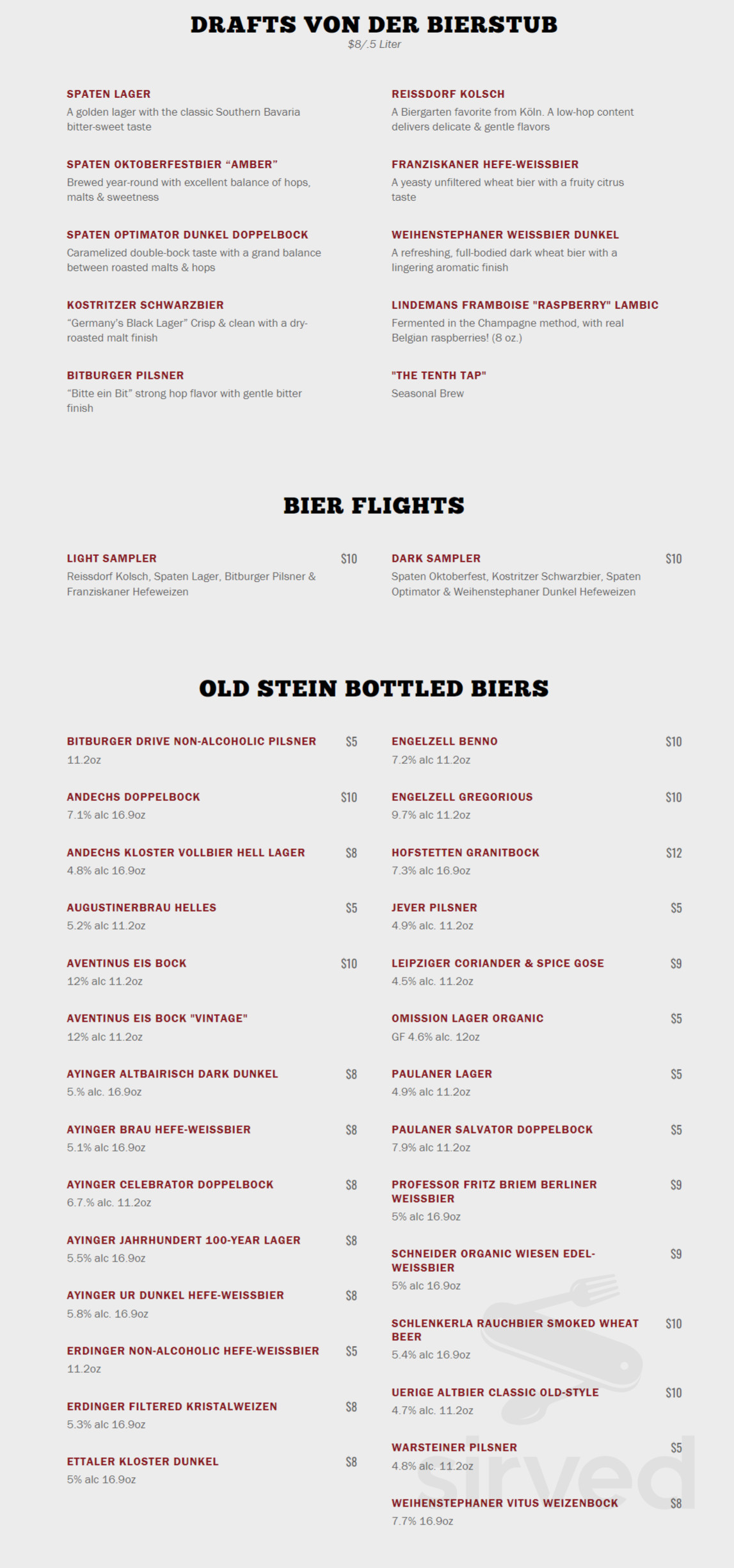Old Stein Inn menu in Edgewater, Maryland, USA