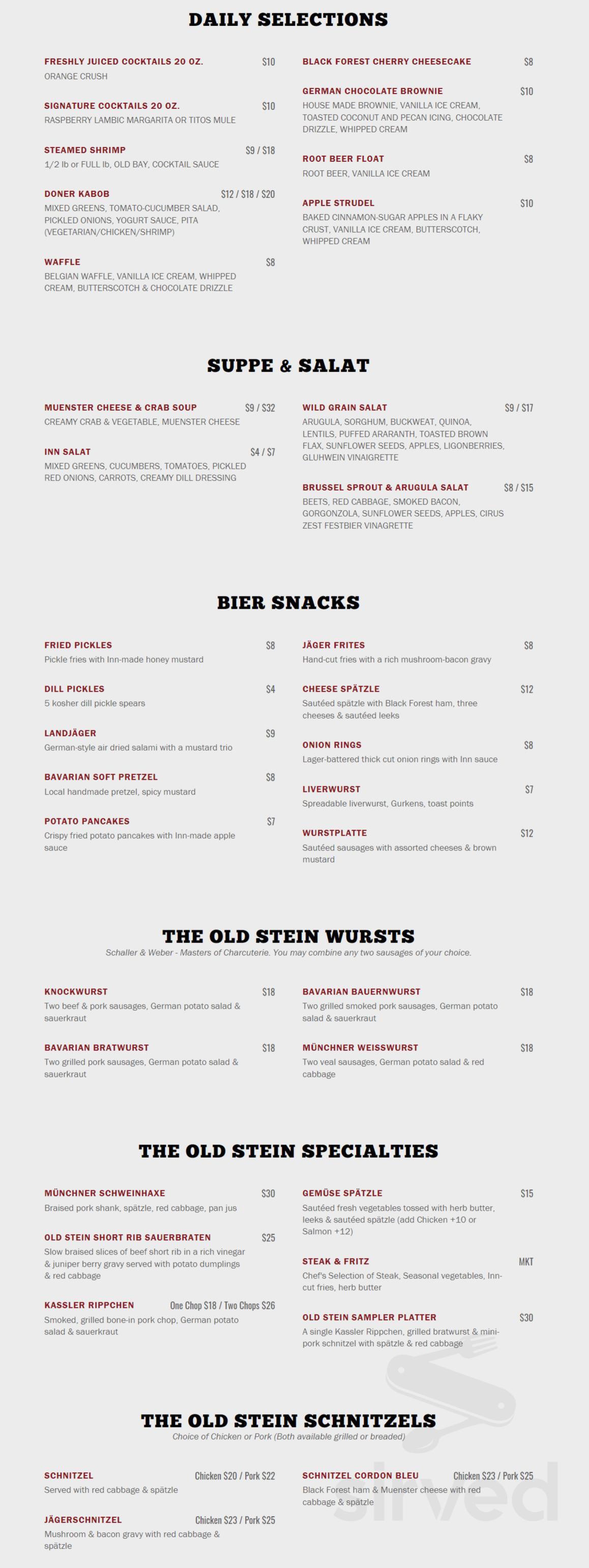 Old Stein Inn menu in Edgewater, Maryland, USA