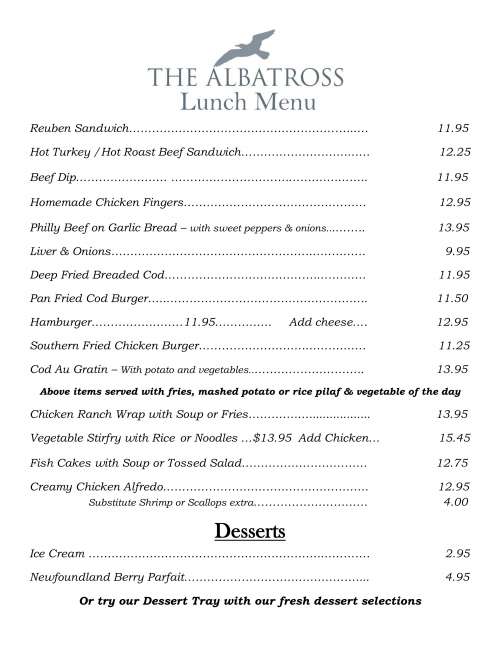 The Albatross Restaurant menu in Gander, Newfoundland and Labrador, Canada