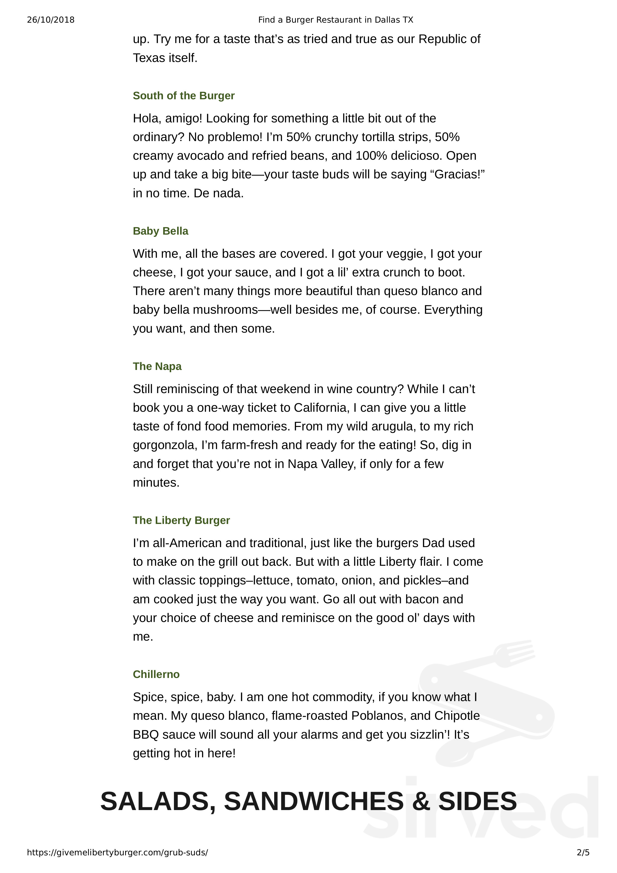 Menu - Dallas TX's Liberty Burger | Sirved