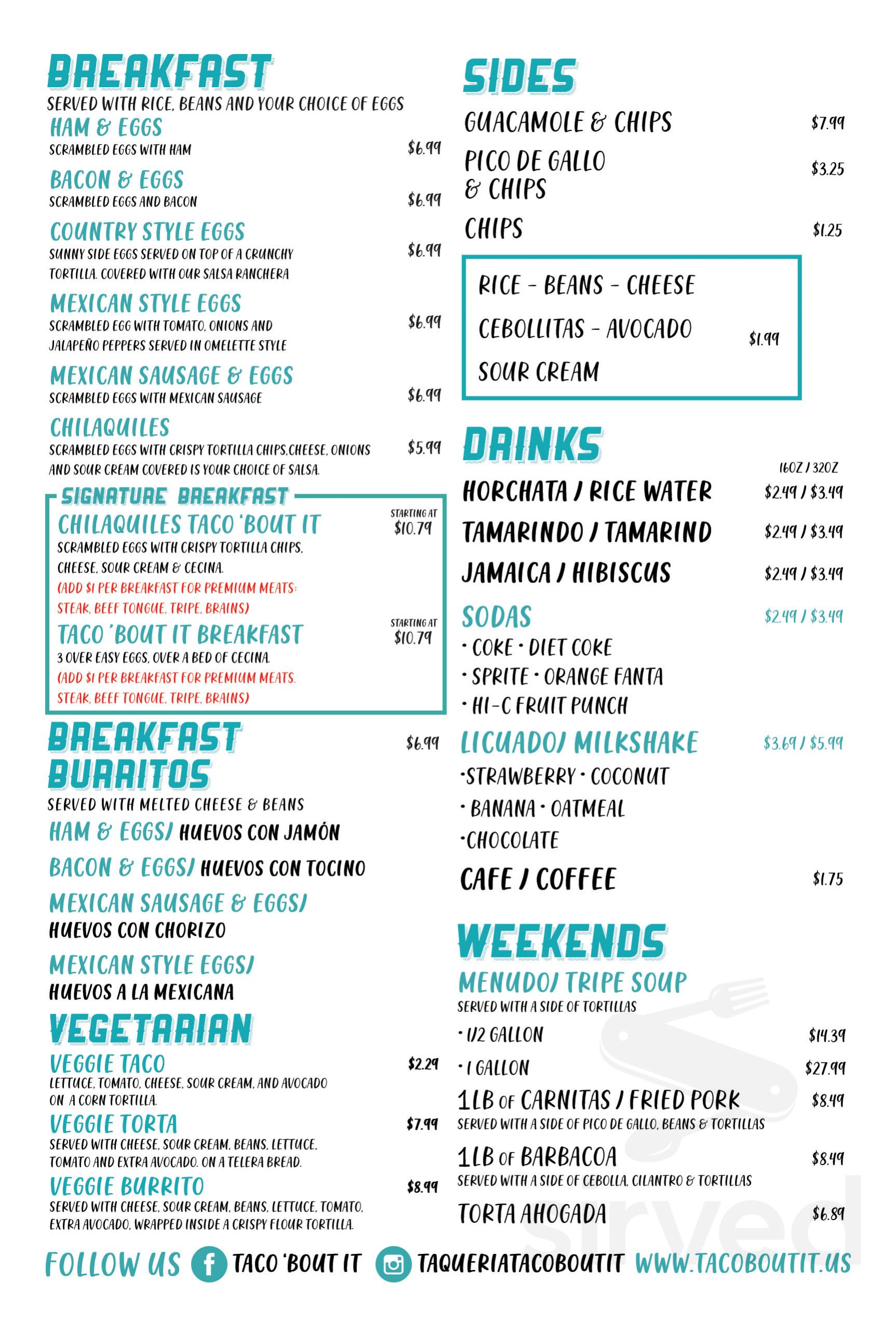 Taco 'bout it menu in Addison, Illinois, USA