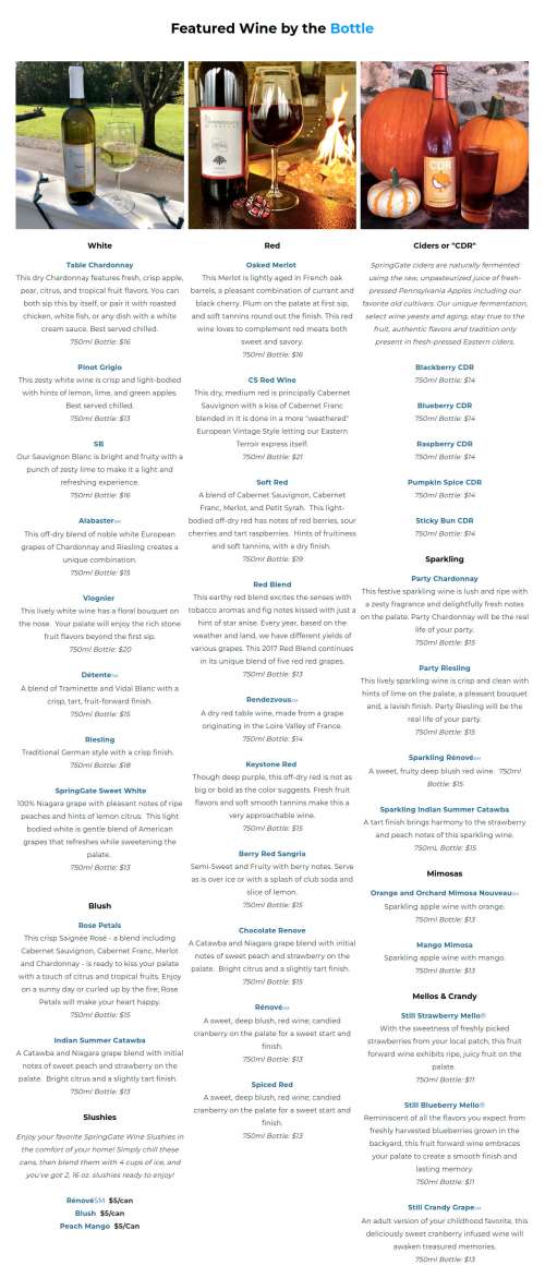 SpringGate Winery - Pottsville menu in Pottsville, Pennsylvania, USA