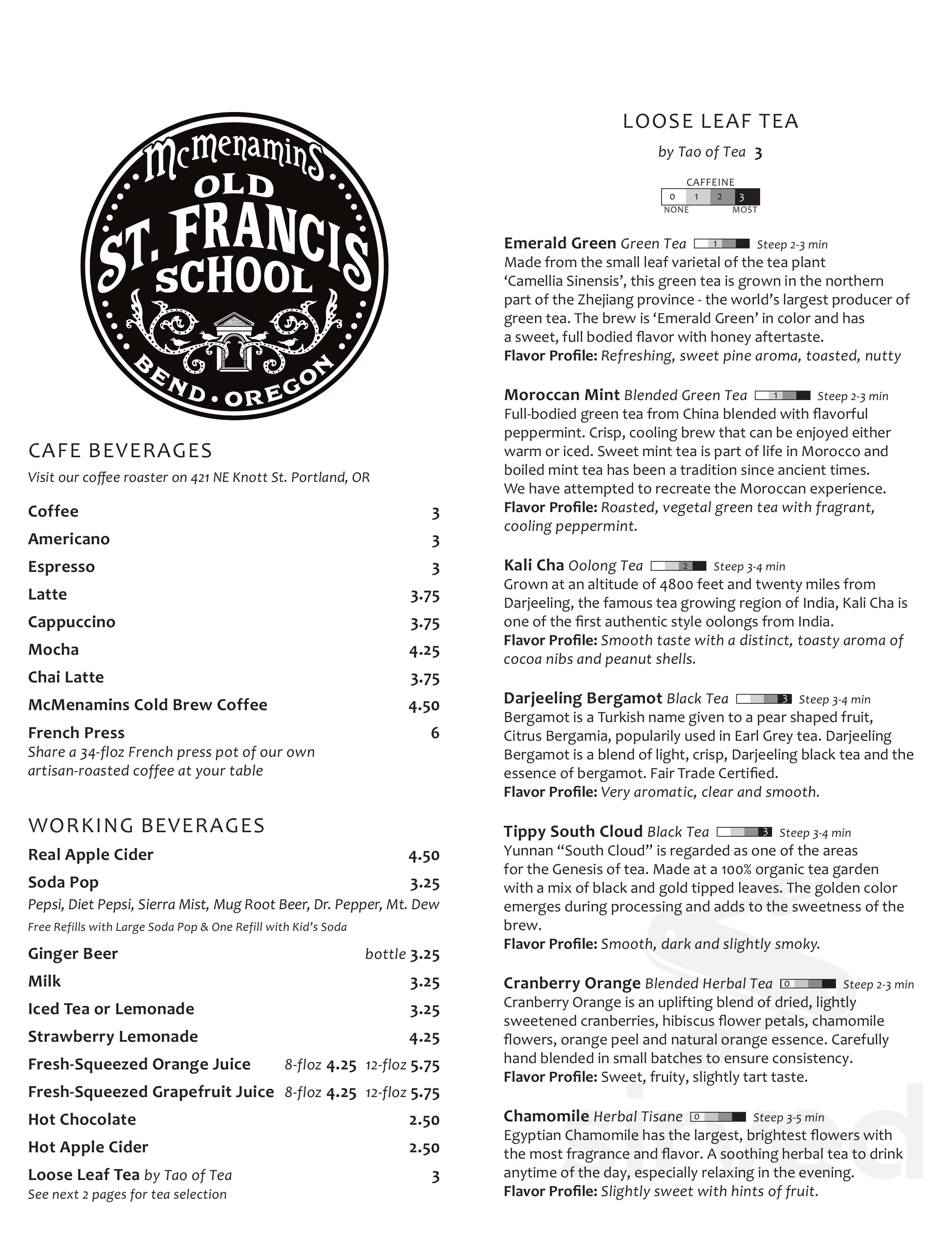 Menu for McMenamins Pub at Old St. Francis School in Bend, OR | Sirved