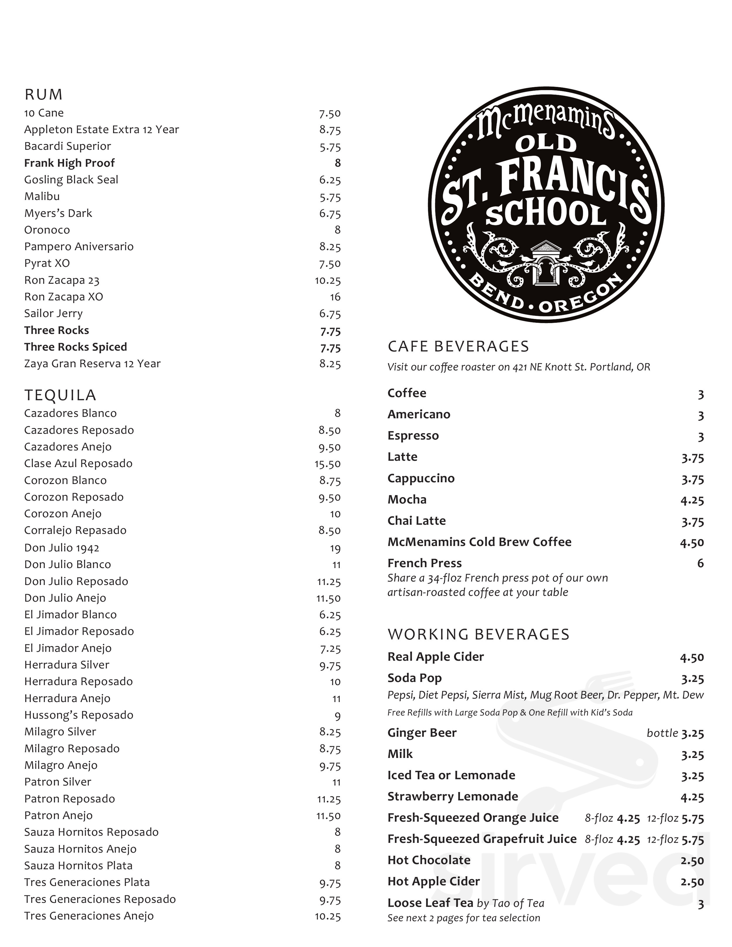 McMenamins Pub at Old St. Francis School menu in Bend, Oregon, USA