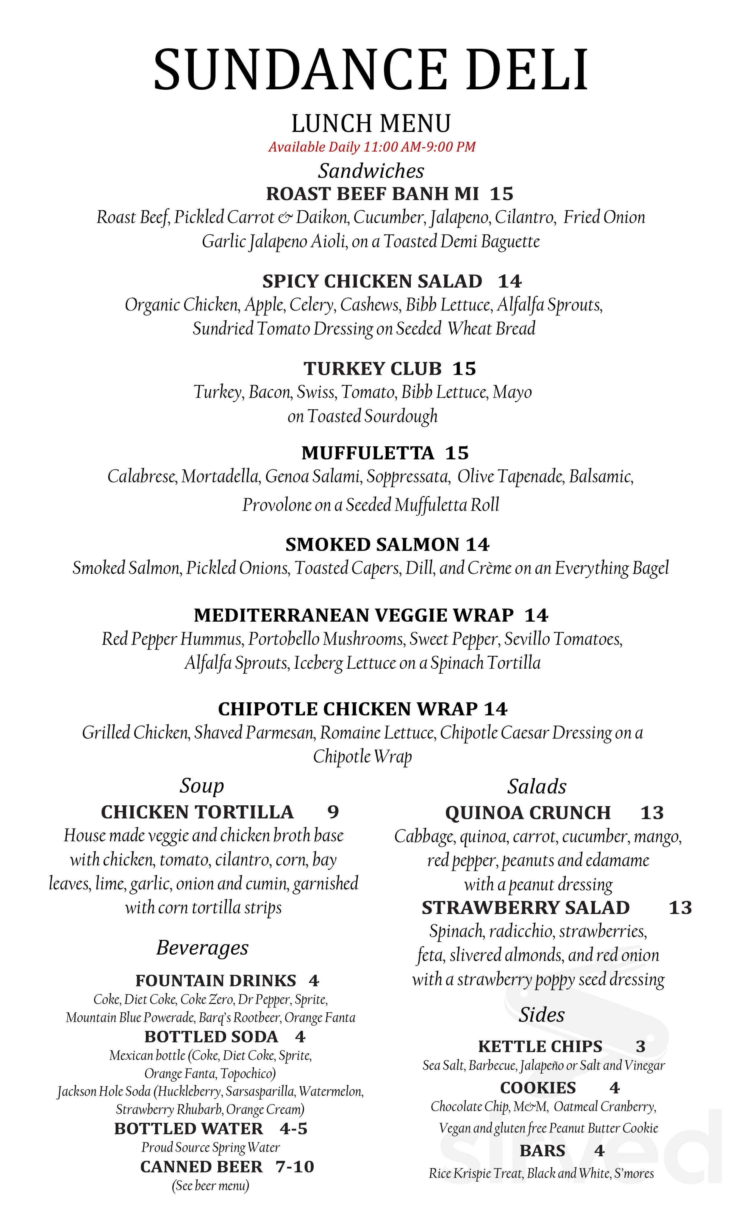 The Deli menu in Sundance, Utah, USA