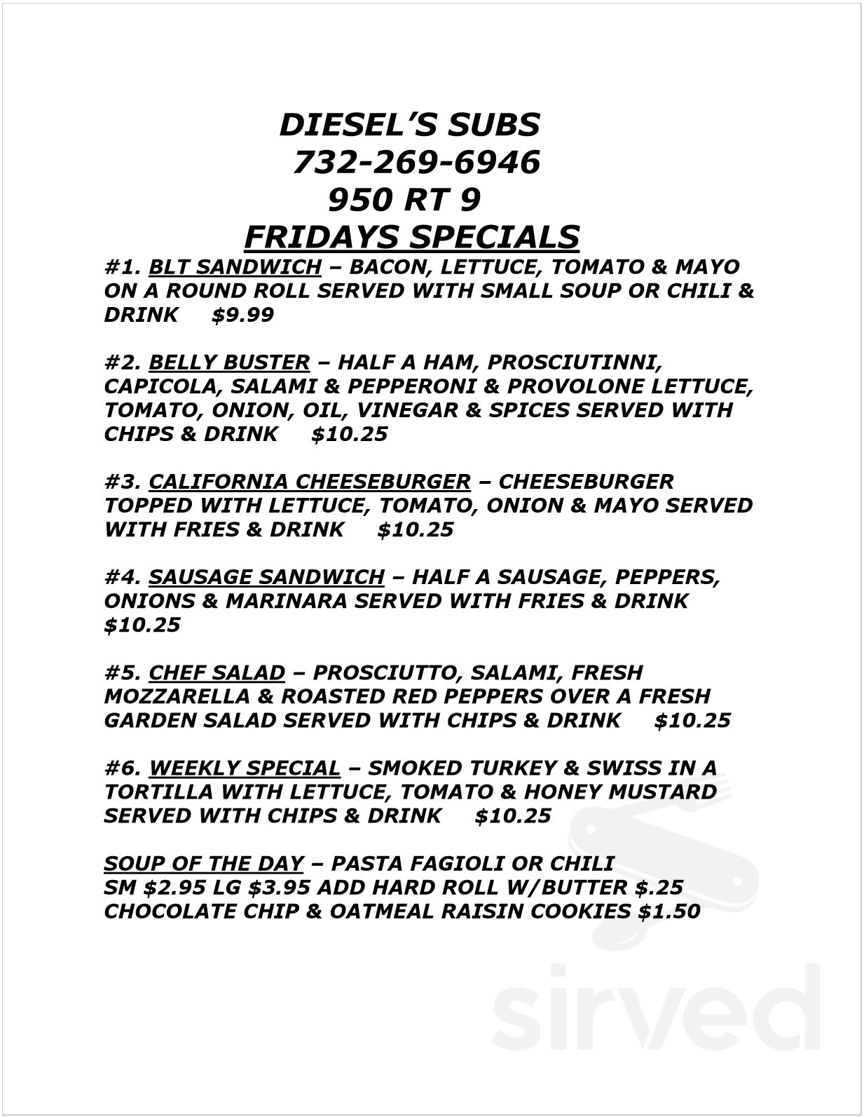 Menu for Diesel's Subs & Wraps in Bayville, NJ | Sirved