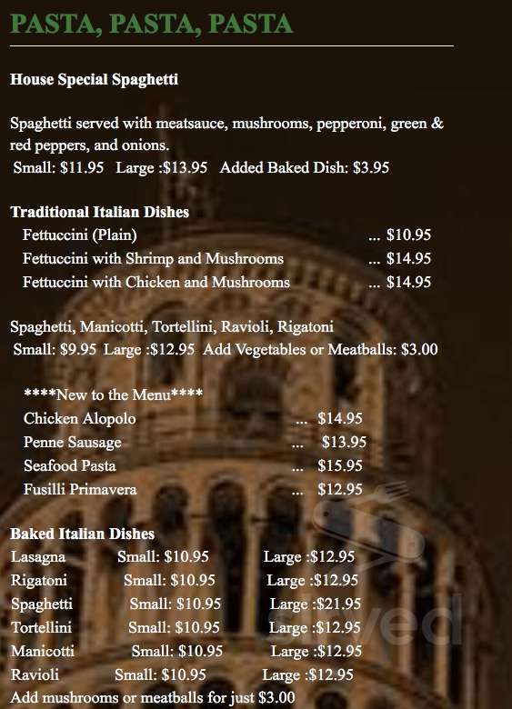 The Original Spaghetti House Pizzeria menu in Peterborough, Ontario, Canada