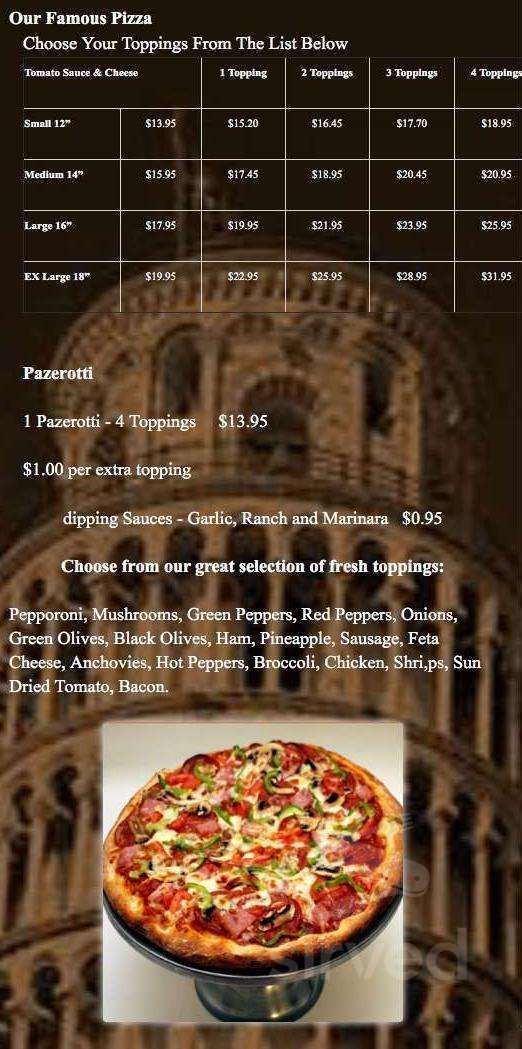 The Original Spaghetti House Pizzeria menu in Peterborough, Ontario, Canada