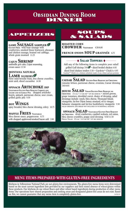 Old Faithful Snow Lodge Obsidian Dining Room menu in Yellowstone ...