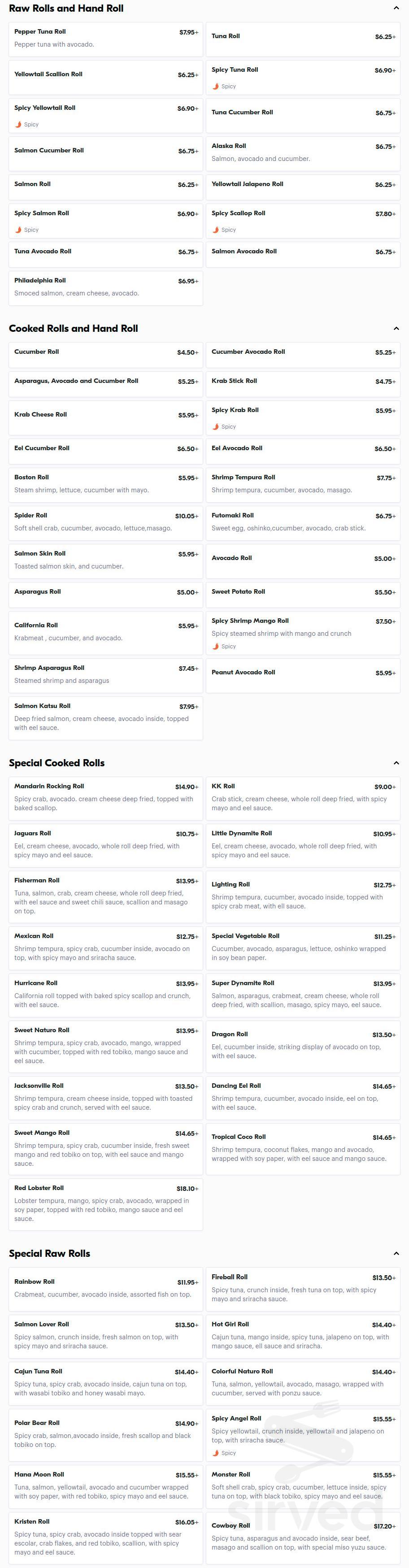 Hana Moon Japanese restaurant menu in Jacksonville, Florida, USA