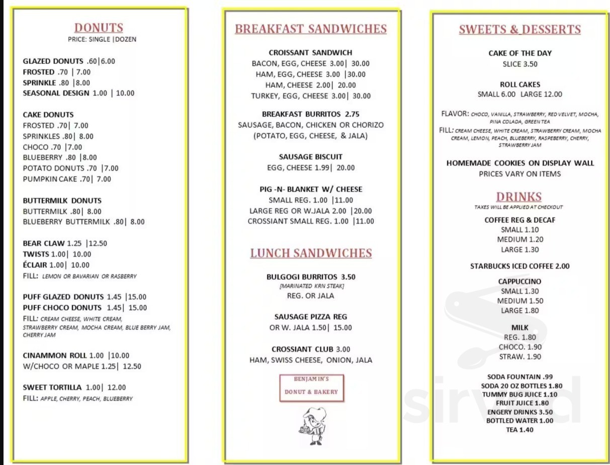 Benjamin's Donut Bakery menu in Amarillo, Texas, USA