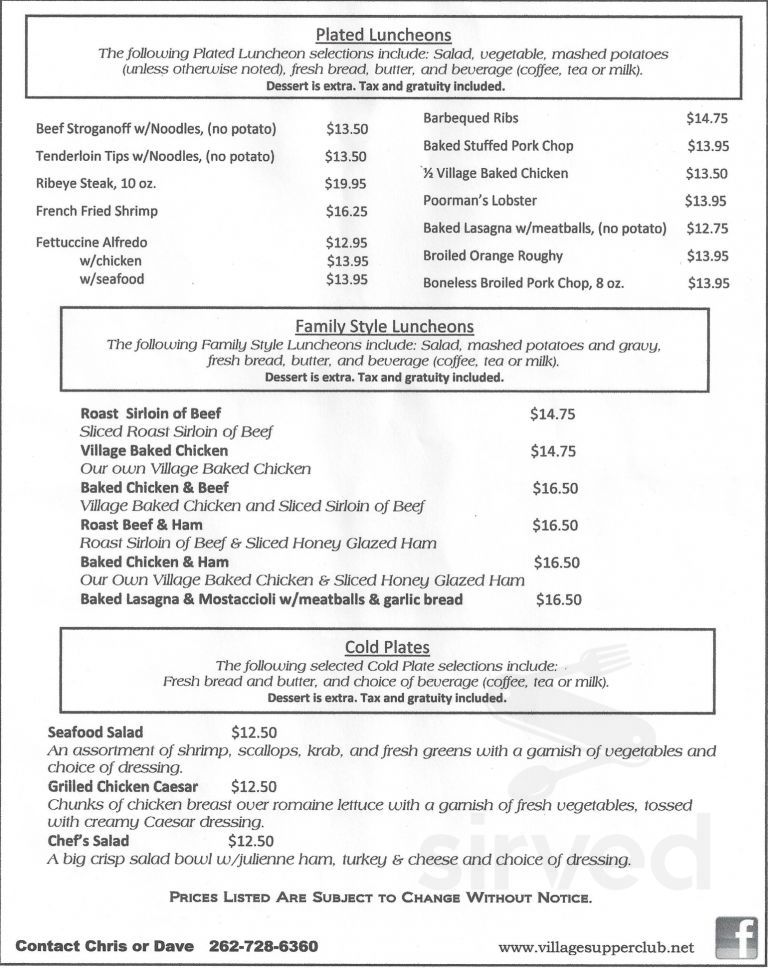 Village Supper Club menu in Delavan, Wisconsin, USA