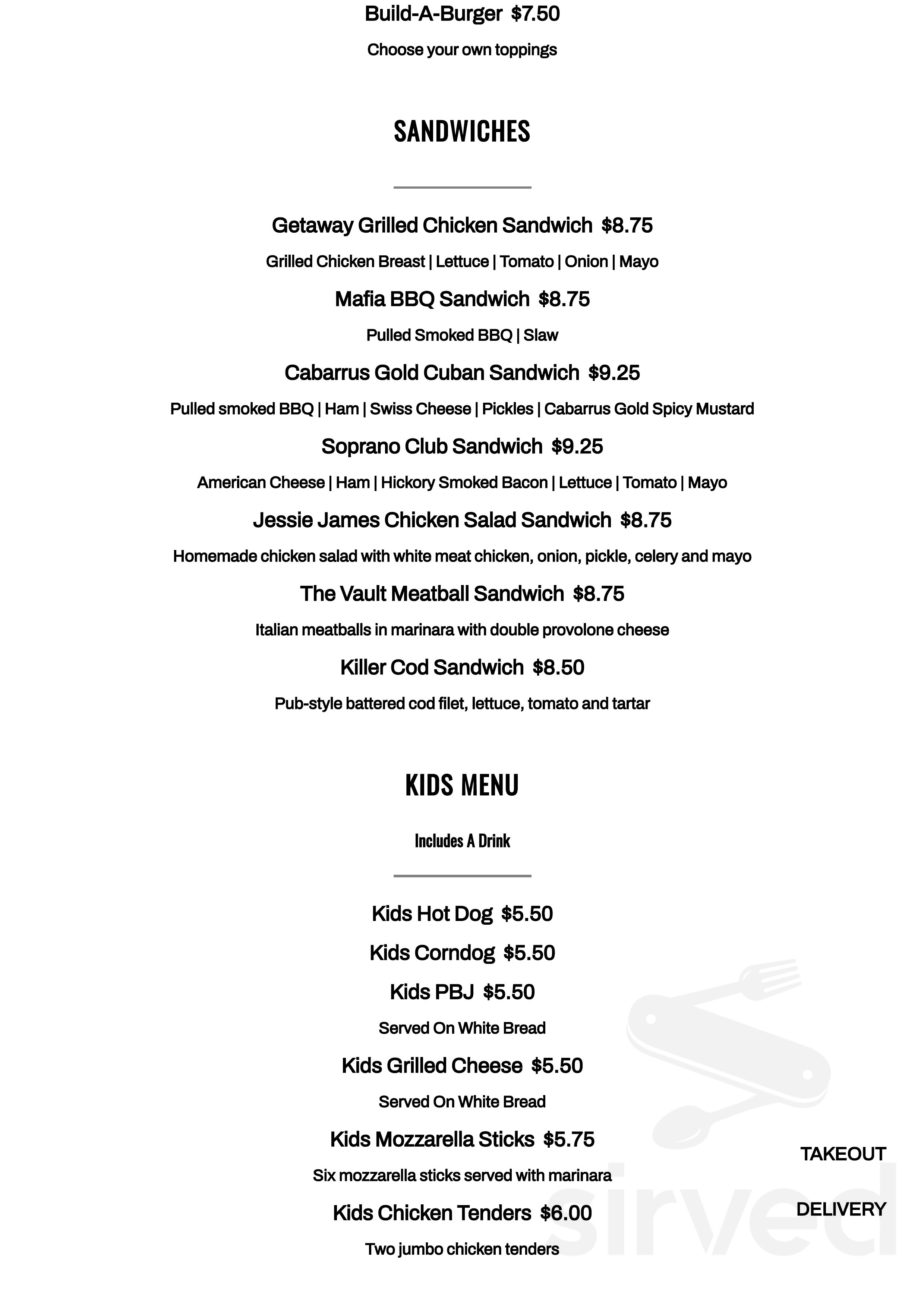 The Vault menu in Hickory, North Carolina, USA